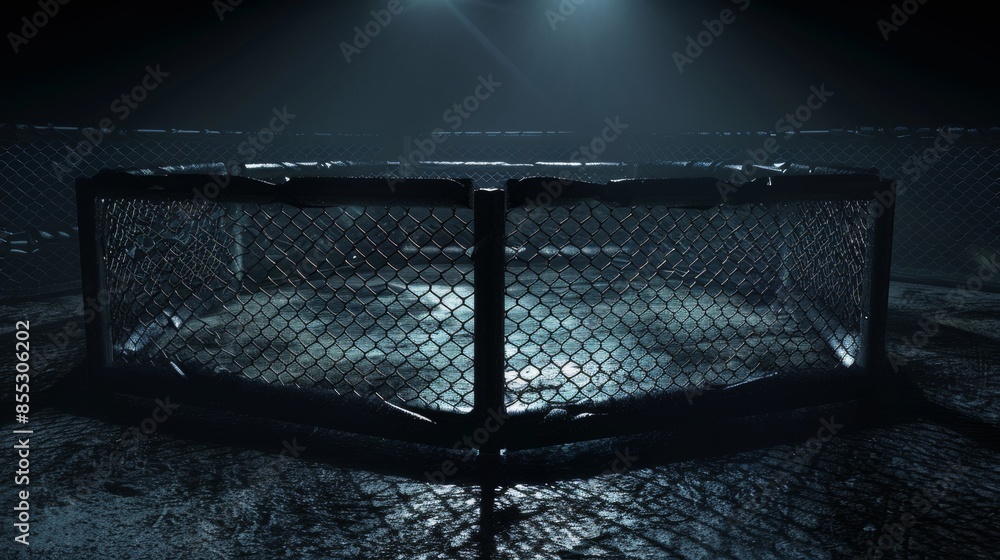 A dimly lit MMA octagon ring, encased in wire mesh, stands alone ...
