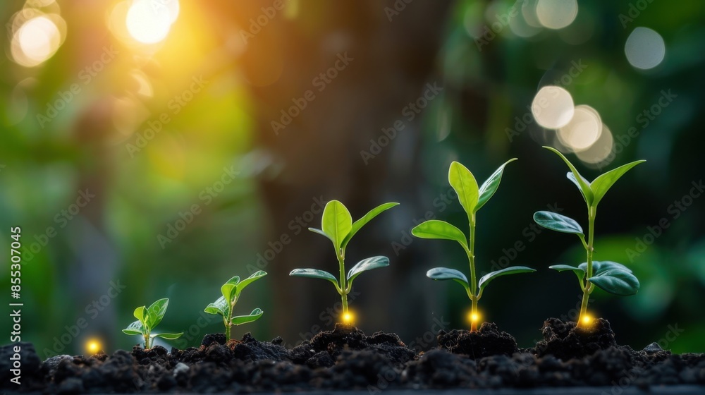 Five green plants in various stages of growth emerge from the soil ...