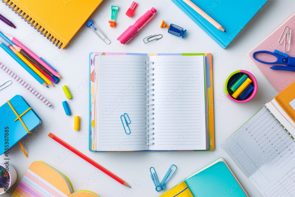 Colorful Stationery and Open workbook on Desktop for Back to School and ...