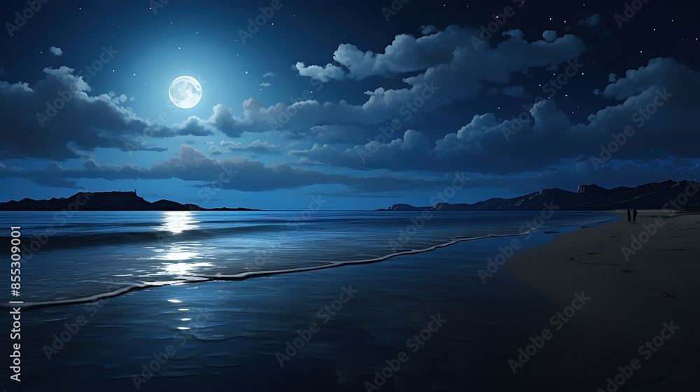 The full moon rises over the ocean, casting a shimmering path of light ...