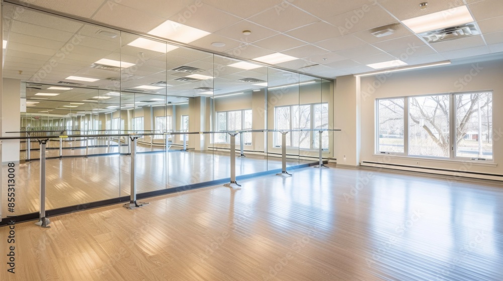 This image shows an empty dance studio with wood flooring, mirrored ...
