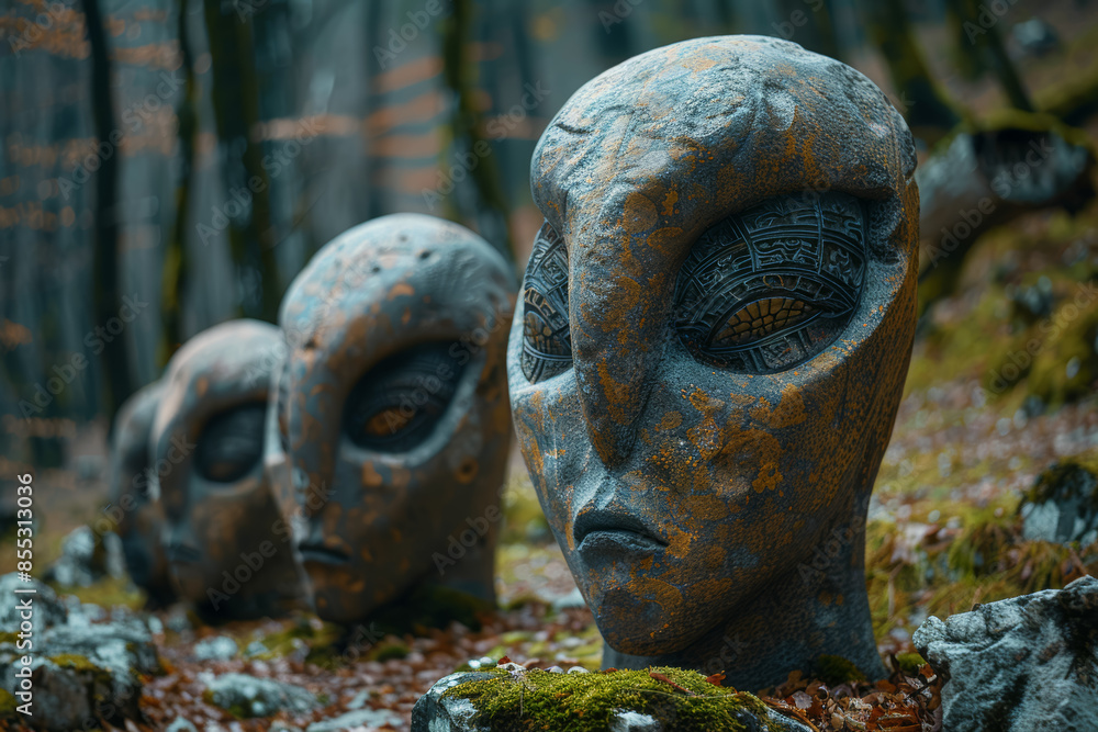 Stone statues with features resembling those of extraterrestrial beings ...