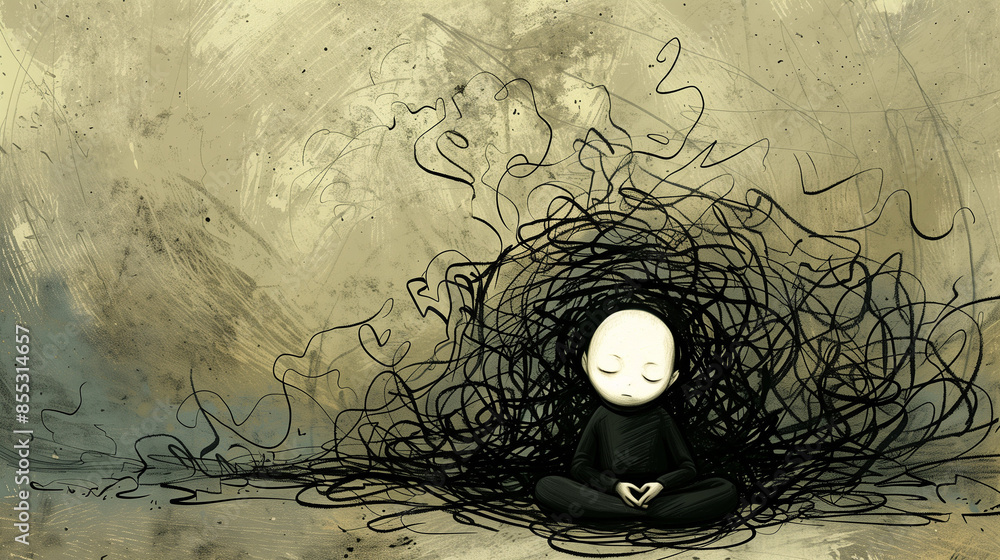 doodle of person sitting on the floor, squiggles surrounding them ...