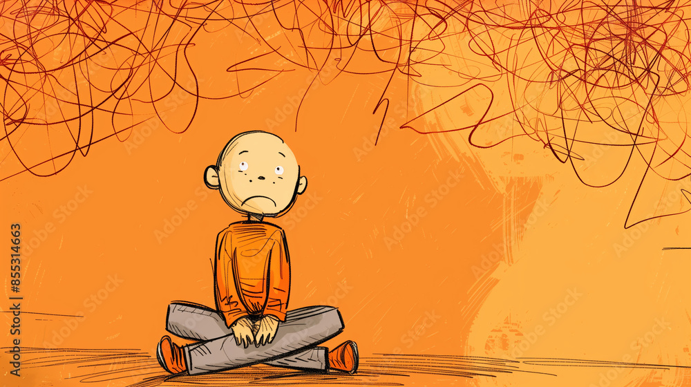 doodle of person sitting on the floor, squiggles surrounding them ...