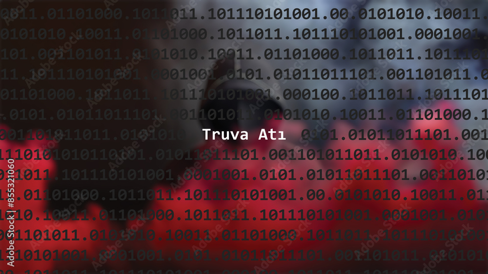 Cyber attack. Translation: trojan horse text in foreground screen, anonymous hacker hidden with ...