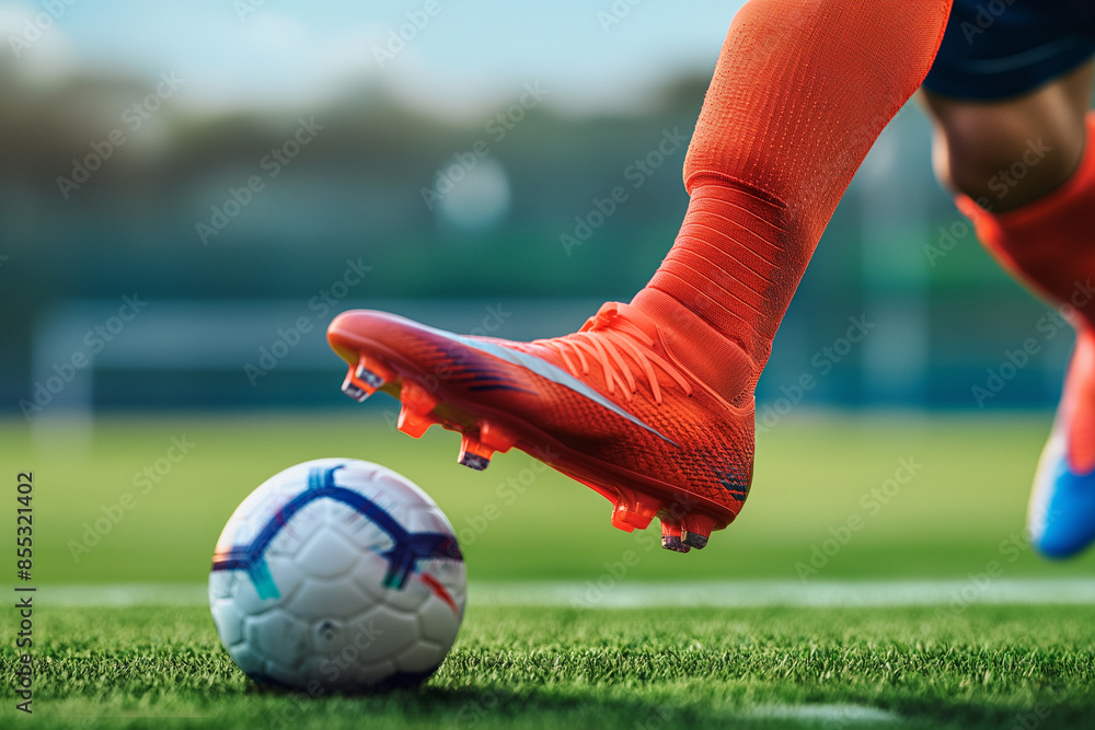 soccer player kicking ball, A football boot in mid-kick, striking a ...