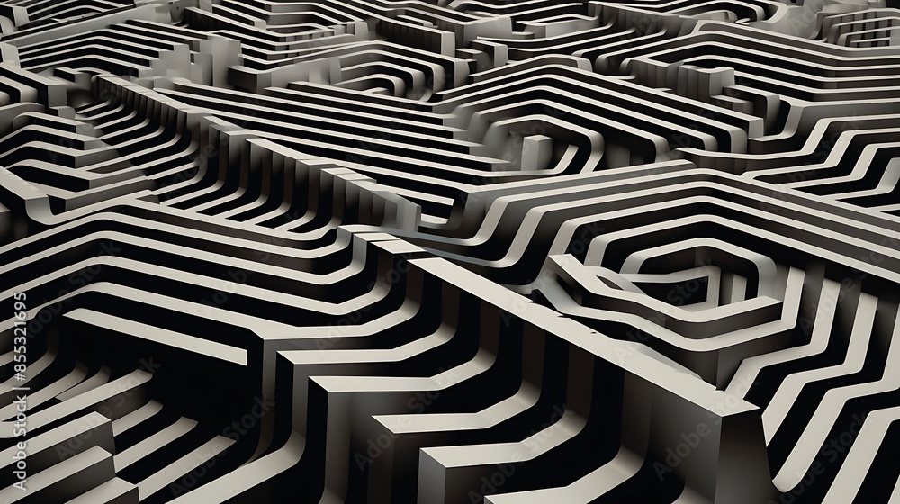 3D rendering of a complex maze. The maze is made up of tall, winding ...