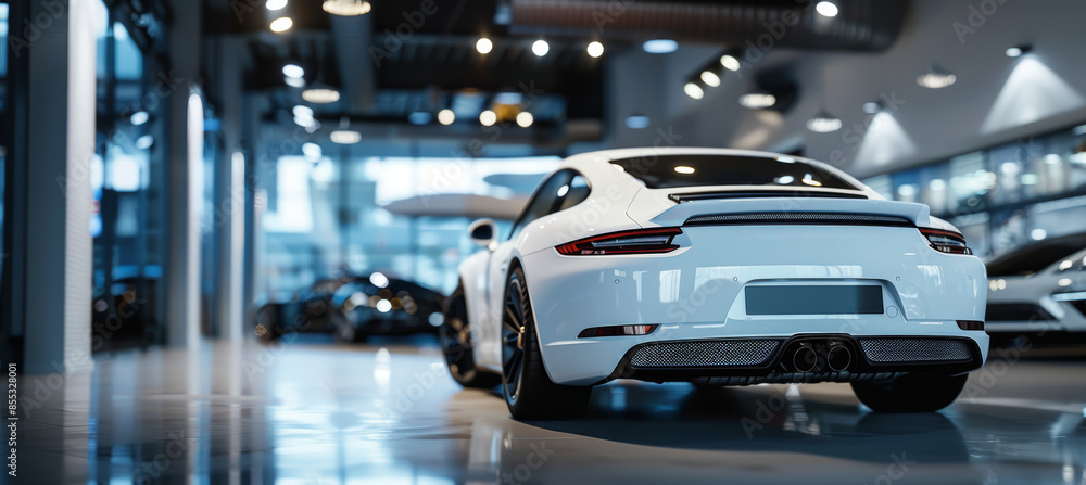Luxury White Sports Car Showcased in Modern Showroom with Spotlights ...