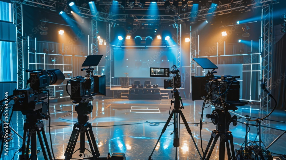 Three professional cameras are set up on tripods in a studio, ready to ...