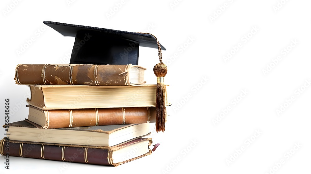 Graduation day.A mortarboard and graduation scroll on stack of books ...