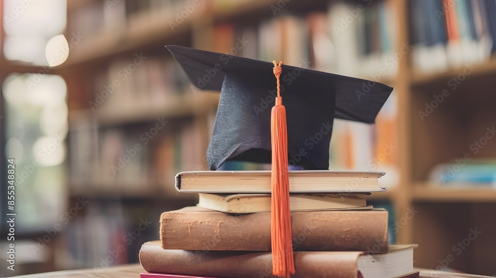 Graduation day.A mortarboard and graduation scroll on stack of books ...
