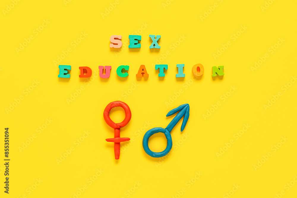 Colorful letters with text SEX EDUCATION, male and female symbols on ...