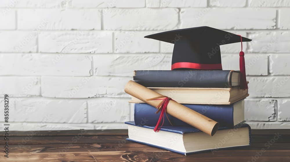 Graduation day.A mortarboard and graduation scroll on stack of books ...