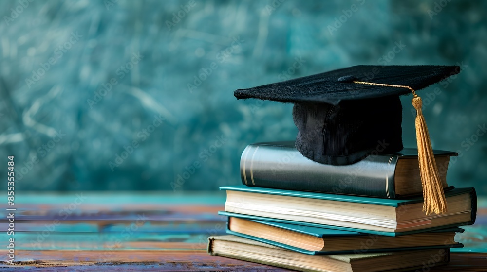Graduation day.A mortarboard and graduation scroll on stack of books ...