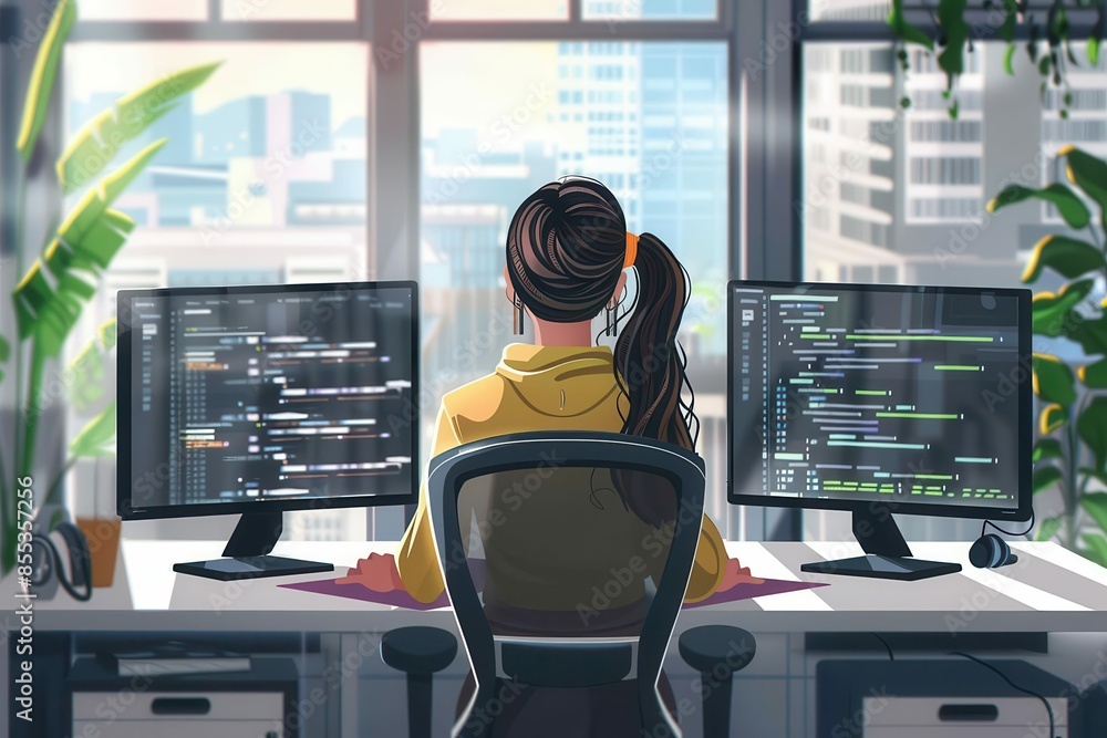 female programmer creating saas platform dual monitor setup in modern ...