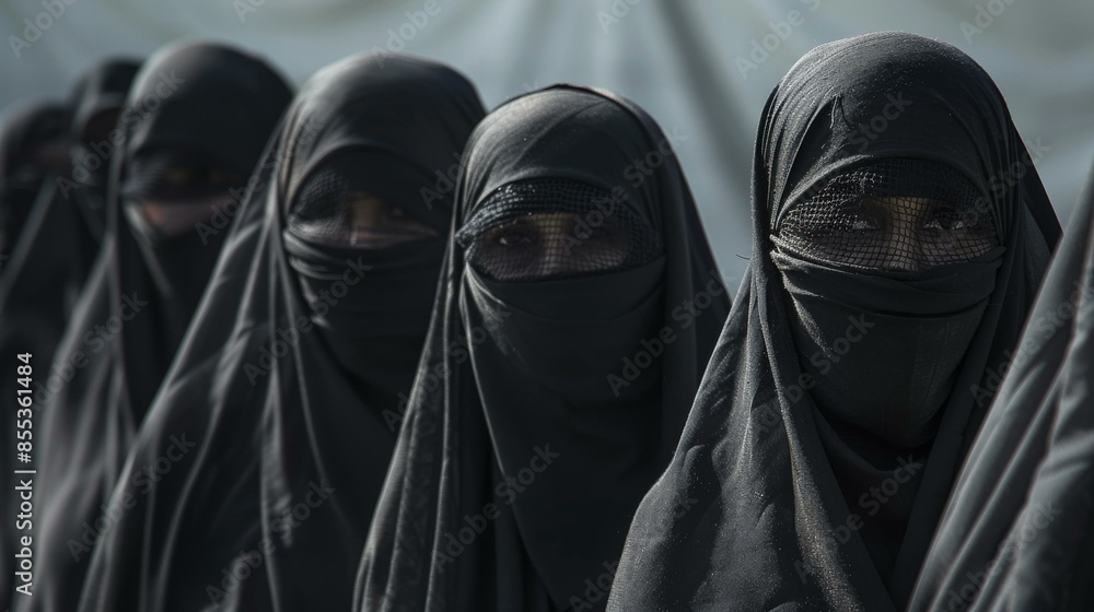 Four women in black niqabs, eyes visible, strong focus on cultural ...