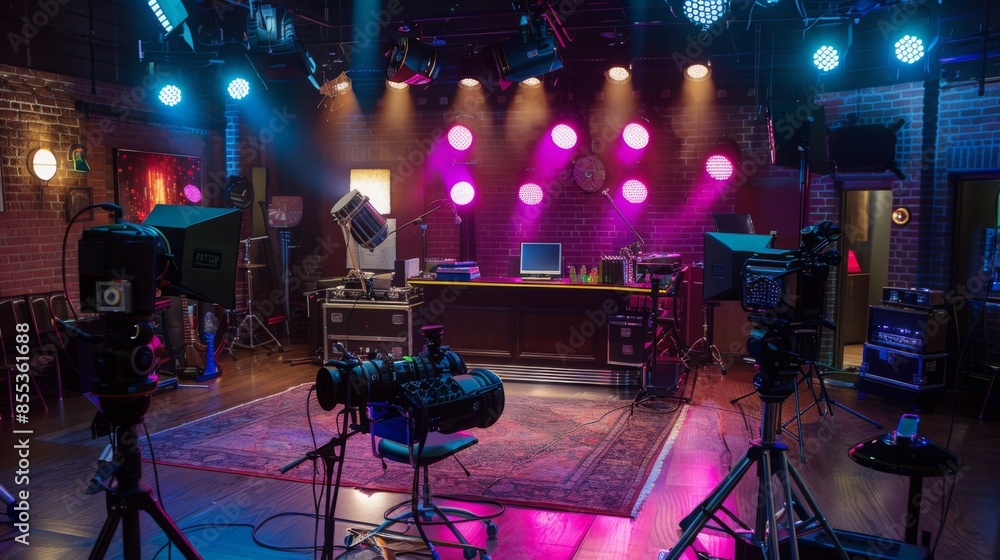 A film studio set with a brick wall, a wooden counter, and three ...