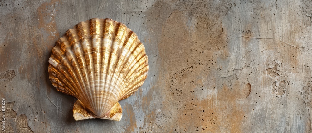 Golden scallop shell on vintage concrete wall. Iconic symbol of the ...