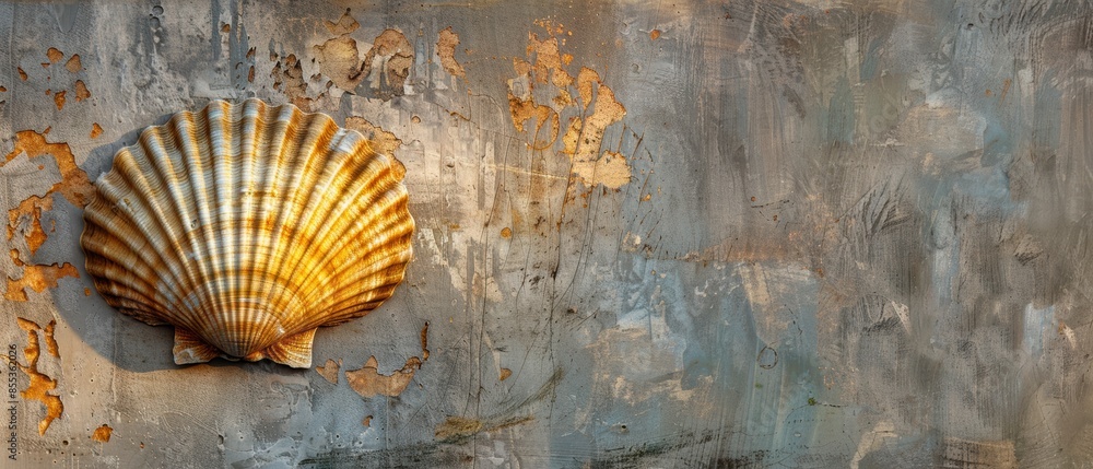 Golden scallop shell on weathered wall. Iconic symbol of the Camino de ...