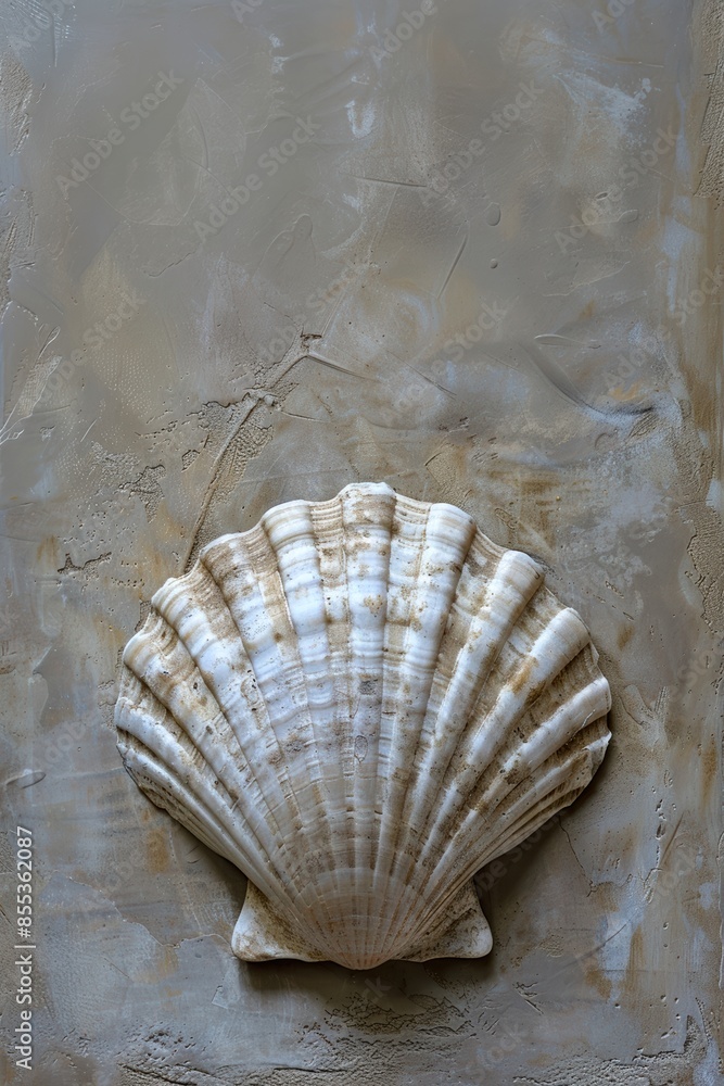 Scallop shell on wet sand, concrete wall. Iconic symbol of the Camino ...