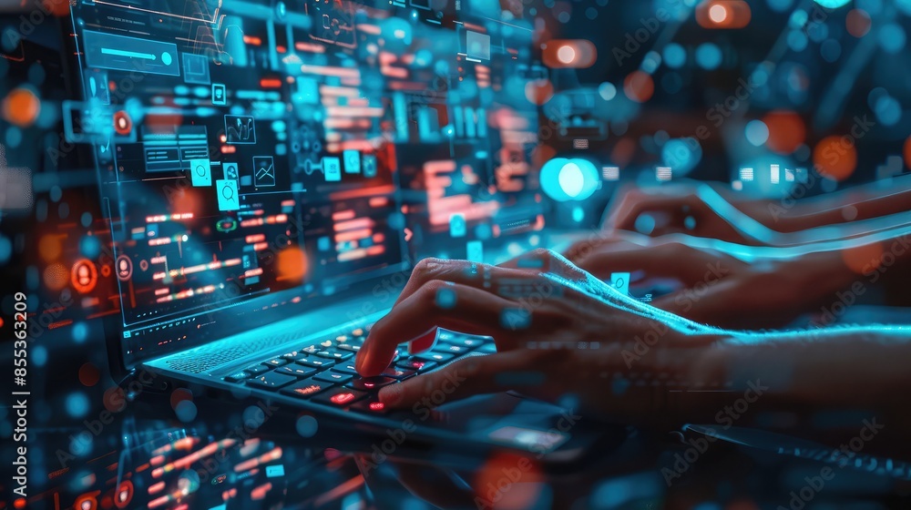 Close-up of hands typing on keyboards, with digital devices and screens ...