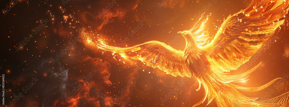 3d illustration of beautiful phoenix bird with glowing fire and flying ...