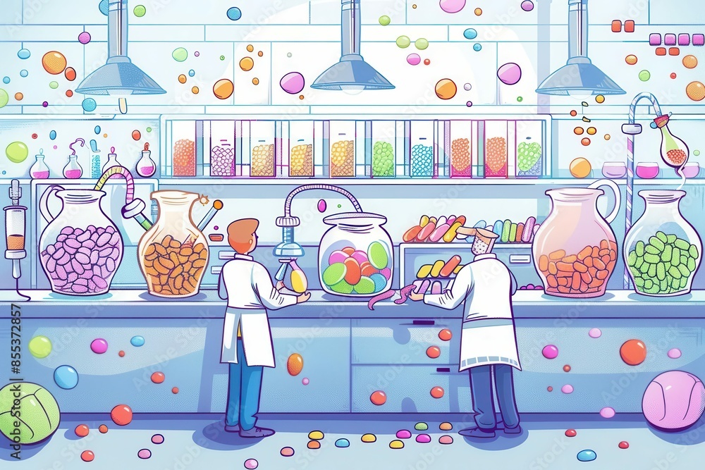 whimsical candy laboratory with playful scientists concocting ...