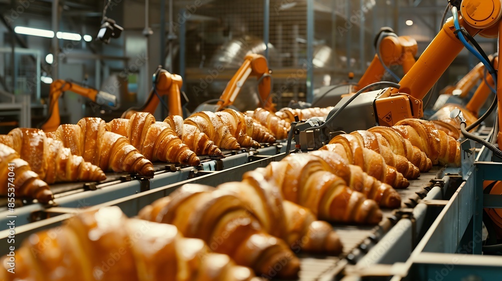 Mechanical robots take semifinished products from conveyor belt and put ...