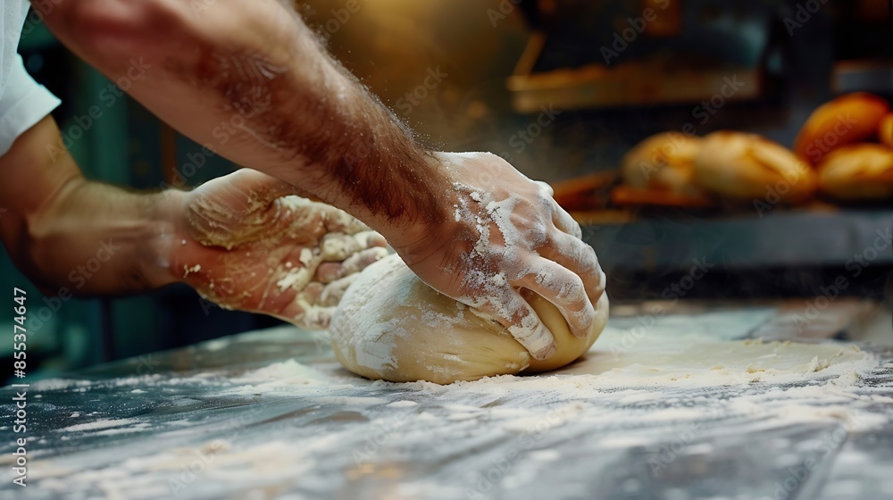 Hands of an unrecognizable male baker in a white tshirt grabbing bread ...
