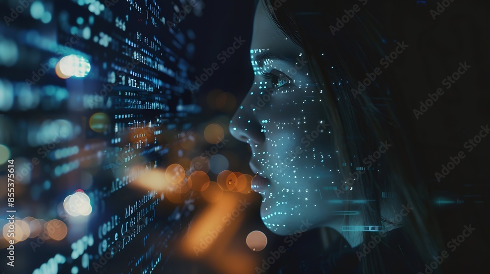 Foto de Computer code hologram and woman thinking of data analytics ...