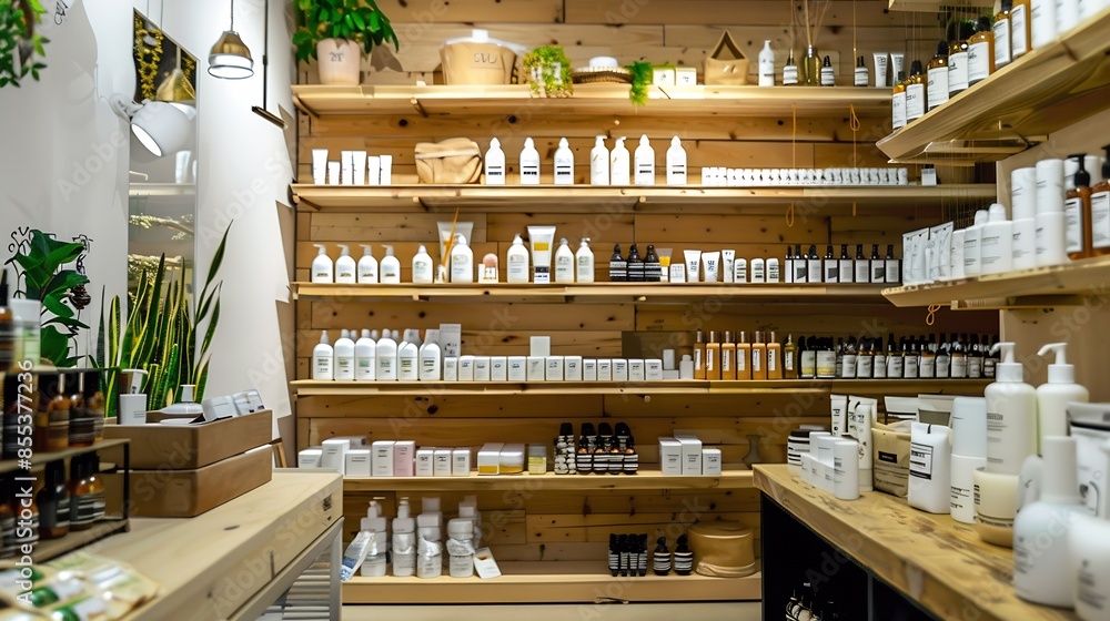 Zero waste shop interior Wooden shelves with varieties of cosmetic ...