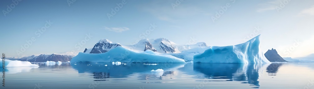 arctic icebergs float peacefully on calm blue waters under a clear blue ...