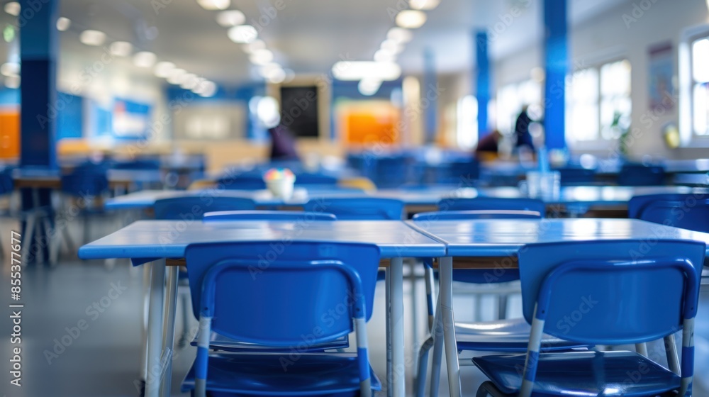 A modern, clean school cafeteria with rows of blue chairs and tables ...