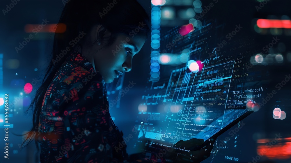 Thinking code hologram and woman with tablet data analysis digital ...