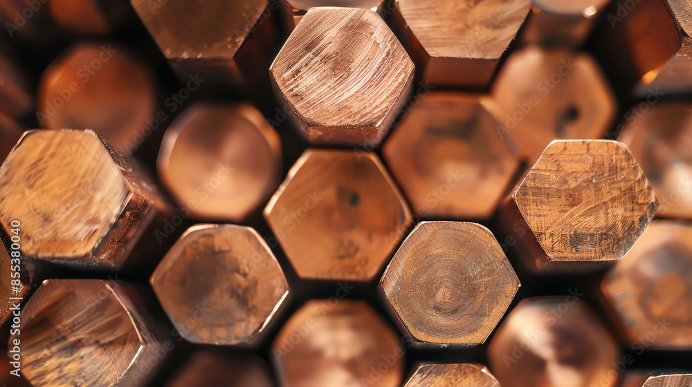Close-up of stacked hexagonal copper rods, showcasing industrial ...