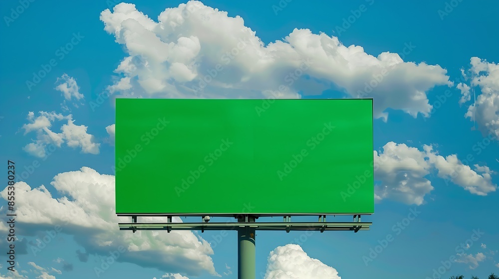 Empty billboard with chroma key green screen on blue sky with clouds ...