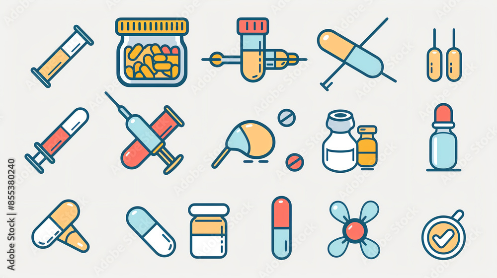 Colorful medical icons set including syringes, pills, and vials ...