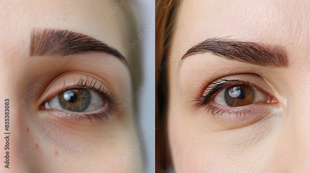 Beauty Close Up Womans Eyebrows Before And After Correction Difference