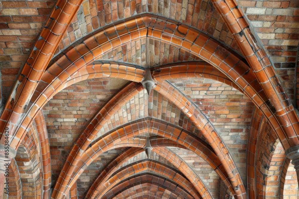 The arched ceiling of a building is made of red bricks. The arches are ...