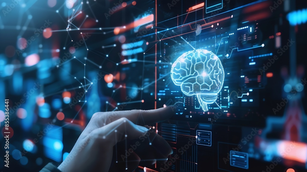 The person showing AI technology that connects information to various ...