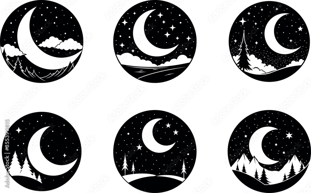 "Design a black and white vector image of a crescent moon silhouette ...
