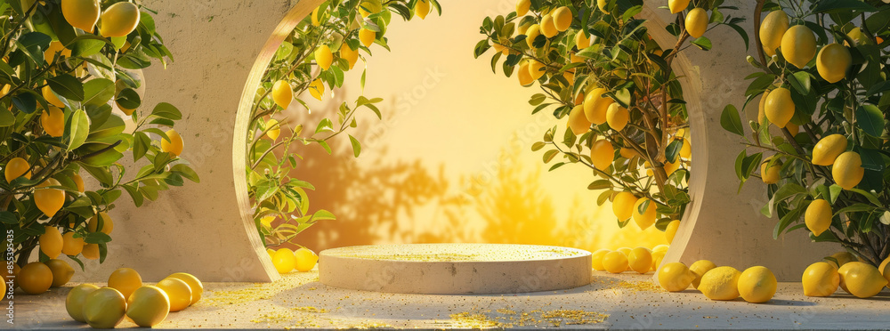round podium with an arch of lemons and lemon trees on the sides ...