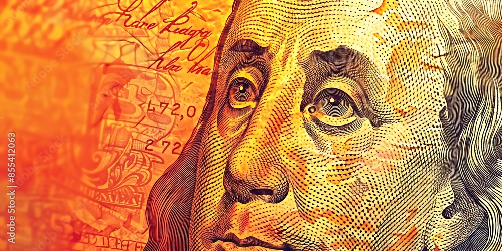 Benjamin Franklin: Close-up textured engraving of Benjamin Franklin's ...