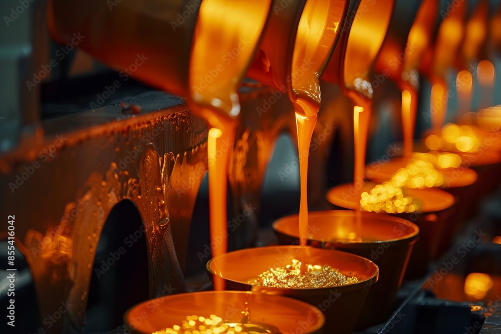 Gold production pouring molten gold into molds, liquid flow, front view ...
