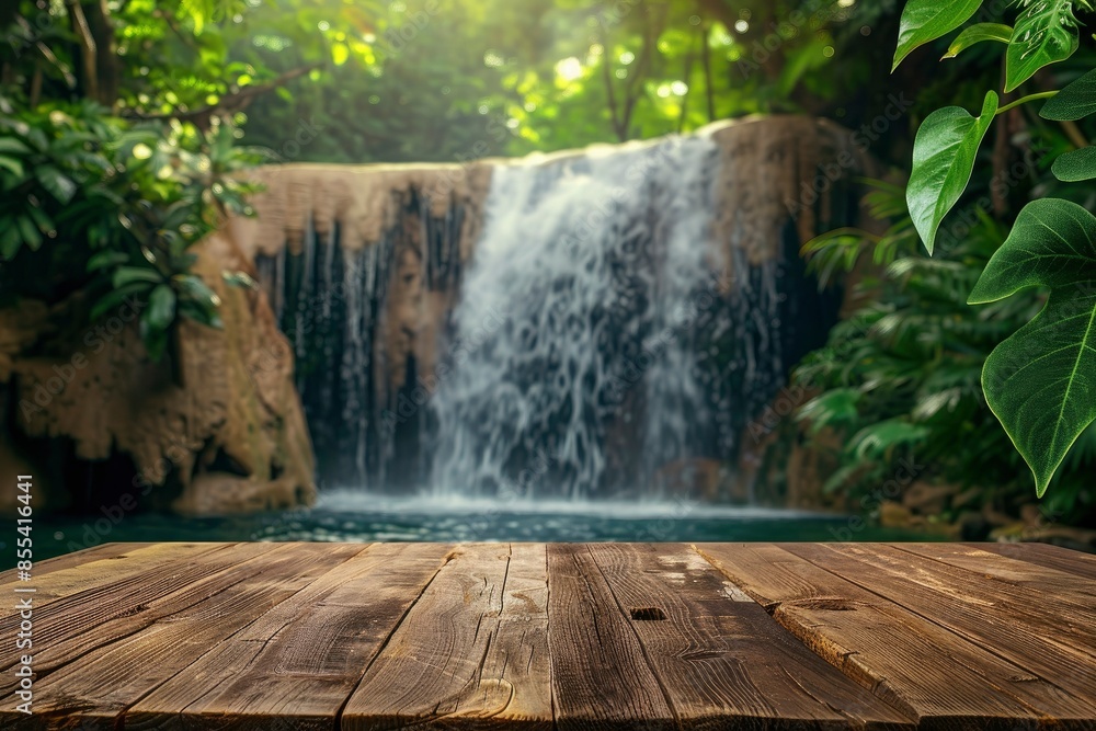 Wood table top podium floor in outdoor waterfall green tropical forest ...