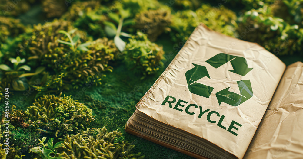 An open book with a green recycling symbol and the word "Recycle" lies ...