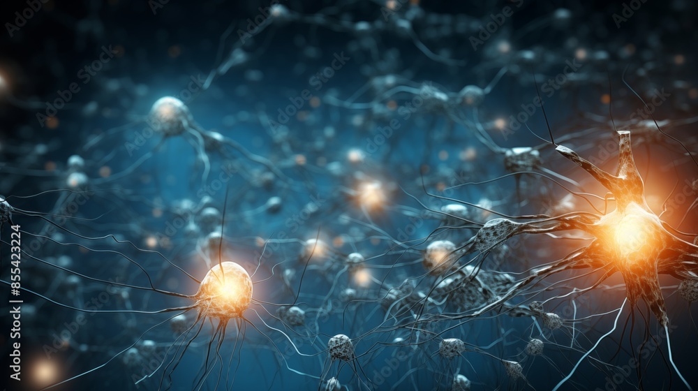 Illustration of Illuminated Neurons in a Complex Neural Network Demonstrating Brain Activity and ...