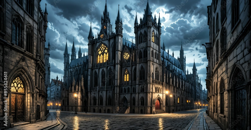gothic castle palace city building at night. medieval goth tower ...