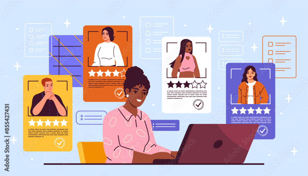 Vetor de Recruitment process concept. Woman with laptop evaluate ...