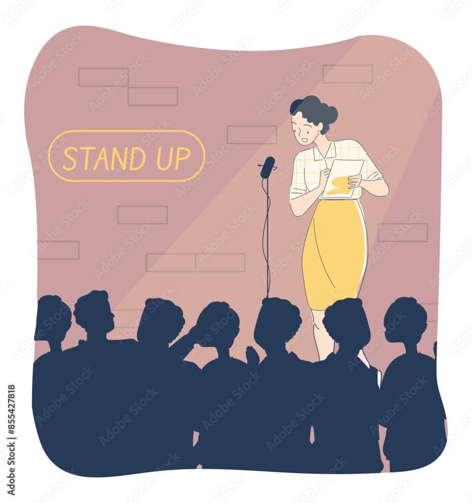 Stand up woman concept. Young girl with microphone perform between ...
